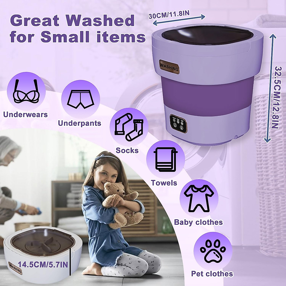 Portable Washing Machine, 15L Large Capacity New Upgraded Model, Mini Collapsible Washer with Dryer, Small Foldable Laundry Washer, Apartment, RV, Dorm, Camping, Socks, Baby Clothes, Underwear, Purple