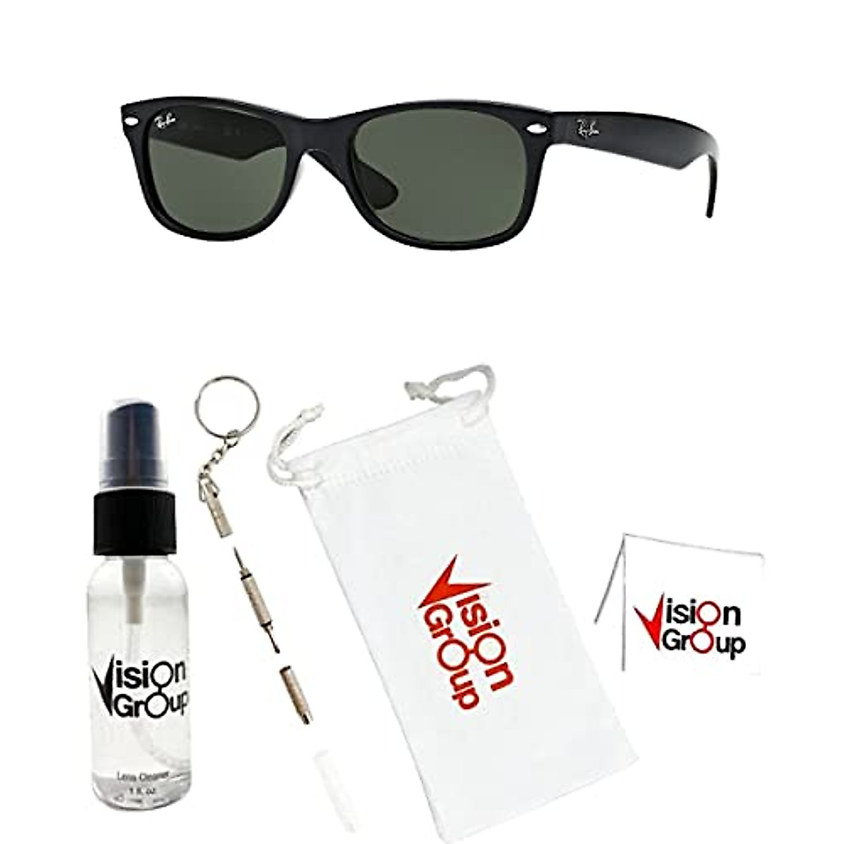 Ray-Ban RB2132 New Wayfarer Sunglasses + Vision Group Accessories Bundle (Black/Crystal Green,55), unisex-adult