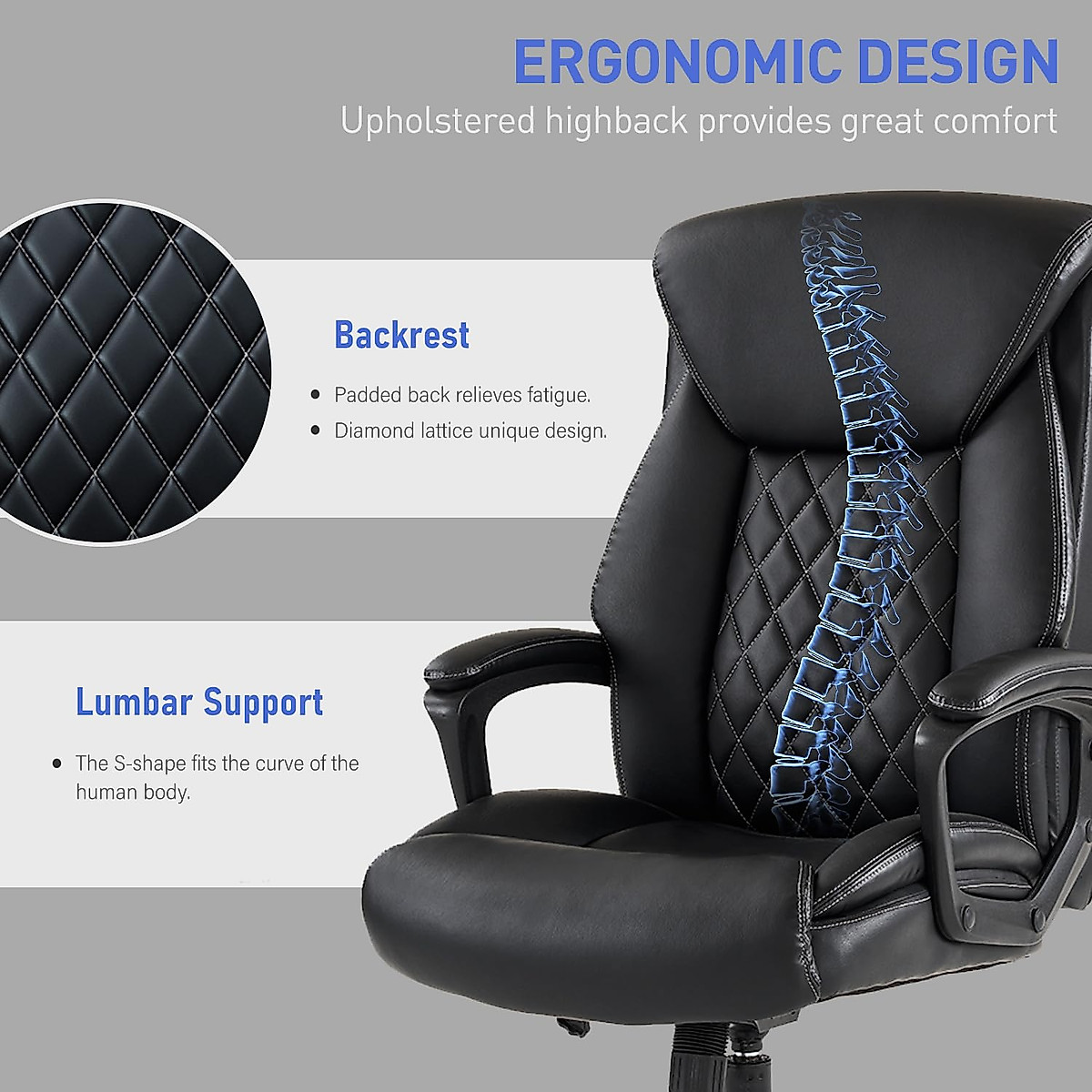 YEEFY High Back Executive Office Chair Ergonomic Desk Chair Rolling PU Leather Office Chair Heavy Duty Computer Chair Comfortable Home Office Desk Chairs with Wheels Arms Lumbar Support