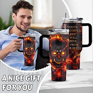 Uibunoo Wicked Cup, 40 Oz Flame Skull Tumbler with Handle & Straw, Wicked Gifts, Birthday Gifts for Horror Lovers Men Women, Stainless Steel Skull Cup, Horror Tumbler