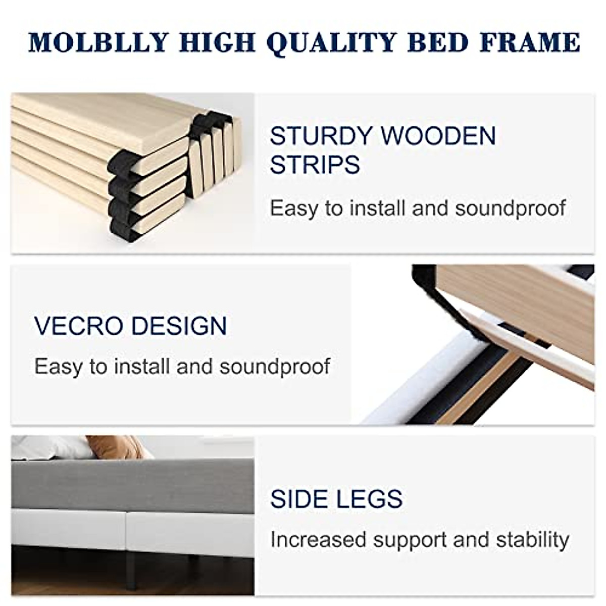 Molblly Full Bed Frame Upholstered Platform with Headboard and Strong Wooden Slats, Strong Weight Capacity, Non-Slip and Noiseless,No Box Spring Needed, Easy Assembly,Light White