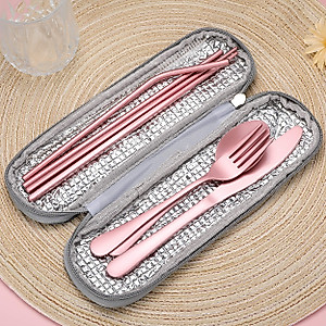 Portable Stainless Steel Flatware Set, Travel Camping Cutlery Set, Portable Utensil Travel Silverware Dinnerware Set with a Waterproof Case (Pink)