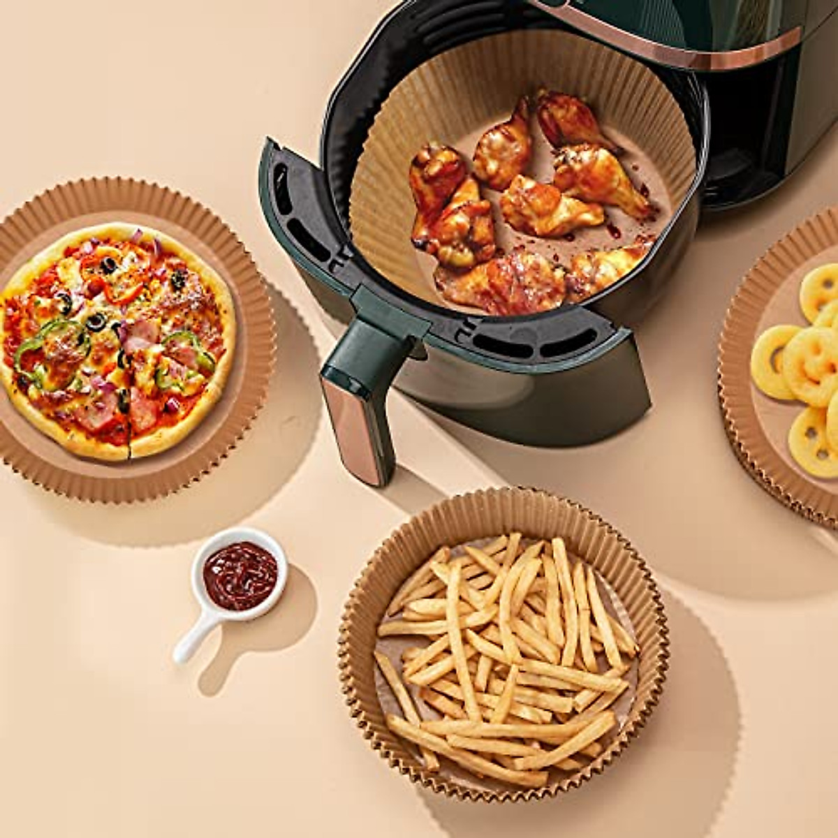 (100Pcs) Puricon Air Fryer Disposable Paper Liners, 6.3” Non-Stick Round AirFryer Parchment Paper for Baking Microwave, Food Grade Oil-Proof Unbleached -6.3 Inch