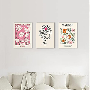 Matisse Wall Art Set of 3, Abstract Matisse Wall Art Exhibition Posters, Pink Beige Flower Market Posters, Minimalist Framed Flower Market Wall Art, Canvas Matisse Prints Painting for Aesthetic Room, Bedroom, Living Room Wall Decor（12x16inch)