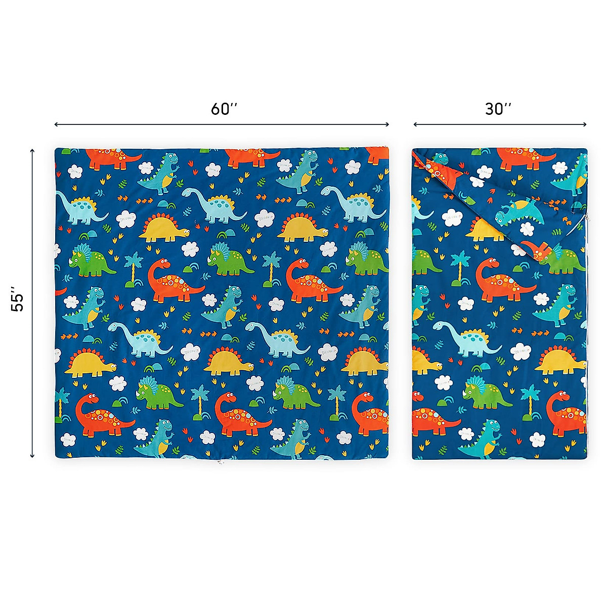 Wake In Cloud - Sleeping Bag Zippered, Nap Mat with Matching Pillow for Kids Boys Girls Sleepover Overnight Travel Slumber Bag, Dinosaurs Printed on Navy Blue, 100% Cotton with Microfiber Fill