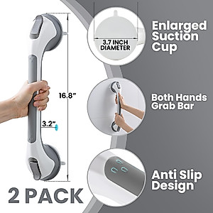 TAILI Shower Grab Bar 2 Pack Suction Grab Bars for Bathtubs and Showers, Heavy Duty Shower Handle Removable Shower Handrails for Seniors and Elderly, Bathroom Safety Grip No Drilling Waterproof, Grey
