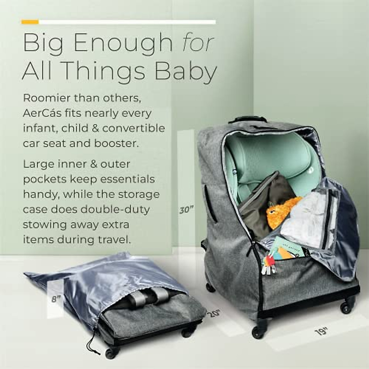 The Little Stork Car Seat Travel Bag With Wheels - 3 In 1 Padded Carseat Carrier Backpack With Extra Storage To Cover All Your Toddler Airplane Travel Essentials - Baby Car Seat Bags For Air Travel