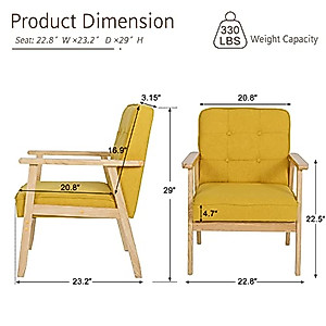 Okeysen Accent Chairs Set of 2, Mid Century Modern Accent Chair, Retro Wood and Fabric Armchairs Side Chair, Lounge Reading Comfy Arm Chair for Living Room, Bedroom, Office (Yellow)