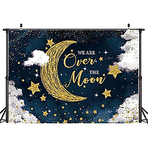 Hilioens 7×5ft We are Over The Moon Baby Shower Backdrop Moon and Stars Starry Night Celestial Background Twinkle Twinkle Little Star Baby Shower Party Decorations for Boy Photo Props