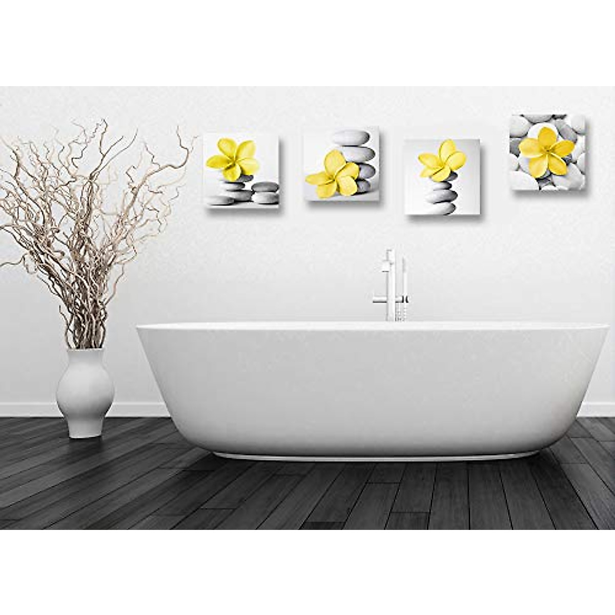 Genius Decor-Modern Bathroom Yellow Gray Wall Art Picture Flowers and Pebble Stone Canvas Print Wall Decor Set 4(Yellow)