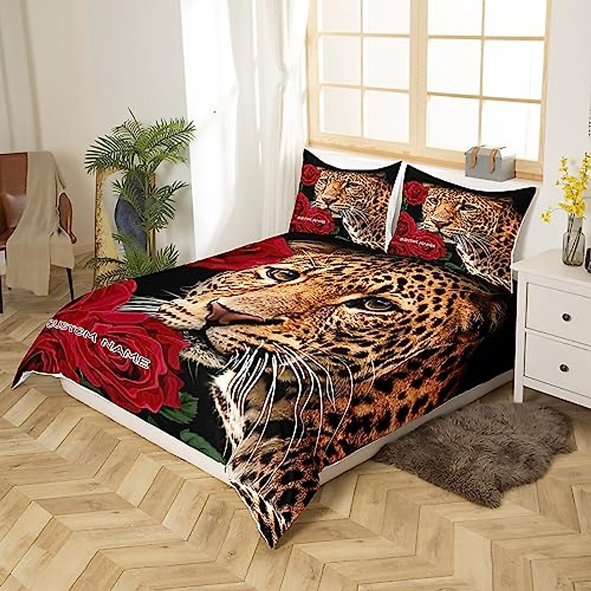 Custom Name Leopard Print Comforter Cover Red Rose Flower Duvet Cover Queen,Cheetah Bedding Set Big Cat Wildlife Bed Set Wild Animal Theme Bedroom Decor for Boys Girls Youth Men Women Female,Brown