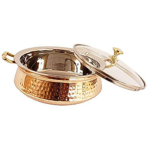 Set of 3 Prisha India Craft SMALL SIZE Steel Copper HANDI with Lid and Serving Spoon - Set of Copper Handi and Serving Spoon - Bowl Dia - 5.00" X Height - 2.25" - Christmas Gift