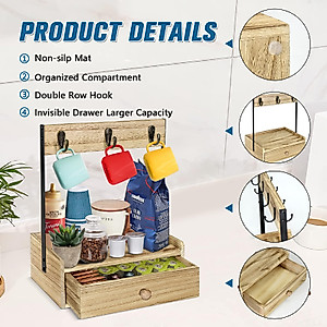Rustic Coffee Station Organizer for Counter, Wood Coffee Mug Holder Stand with 8 Mug Hooks, Coffee Mug Tree Rack with Drawer and Storage Shelf, Coffee Bar Accessories Organizer Kitchen Storage Racks
