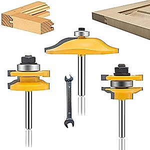 OLETBE Router Bit Set 3 PCS 1/4-Inch Shank Round Over Raised Panel Cabinet Door Rail and Stile Router Bits, Woodworking Wood Cutter, Wood Carbide Groove Tongue Milling Tool(Yellow)