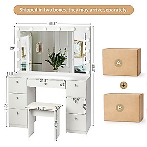 SMOOL Vanity with Lighted Mirror, Makeup Vanity Desk with Power Outlet and LED Bulbs, 3 Color Lighting Modes Adjustable Brightness, 7 Drawers Vanity Table with Cushioned Stool for Women Girls, 44'' L