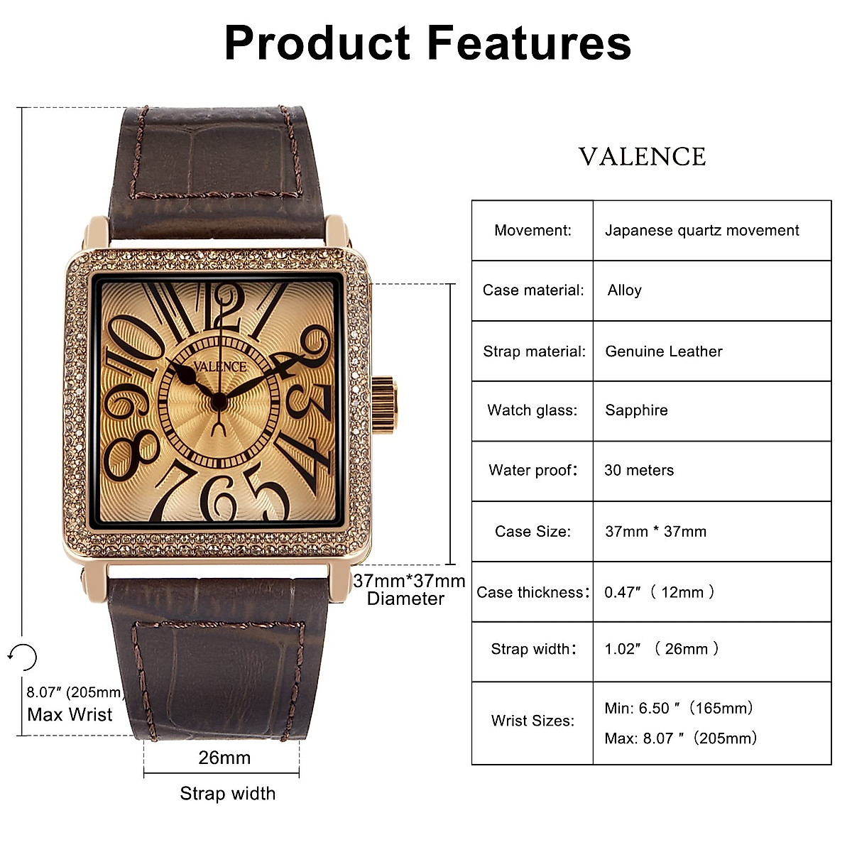 Valence Watches for Women, Vintage Square Face Wrist Watches for Women, Classic Ladies Quartz Watches with Brown Leather Band（83 Brown）