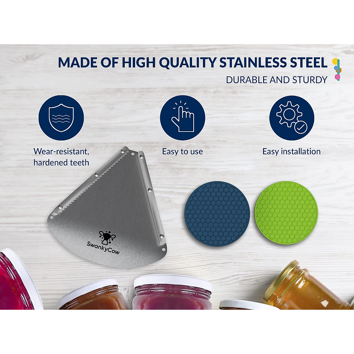 SWANKYCOW - Undercounter Stainless Steel Jar Opener & Bottle Cap Opener for Weak Hands or Seniors -Bonus Jar Opener Gripper Pads included - One Handed Jar Opener Gripper