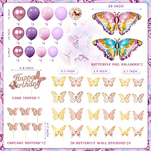 Butterfly Birthday Decorations Party Supplies for Girls Women with Pink Purple Balloon Arch Kit Backdrop Tablecloth Butterfly Wall Decor Foil Balloons Cake Toppers