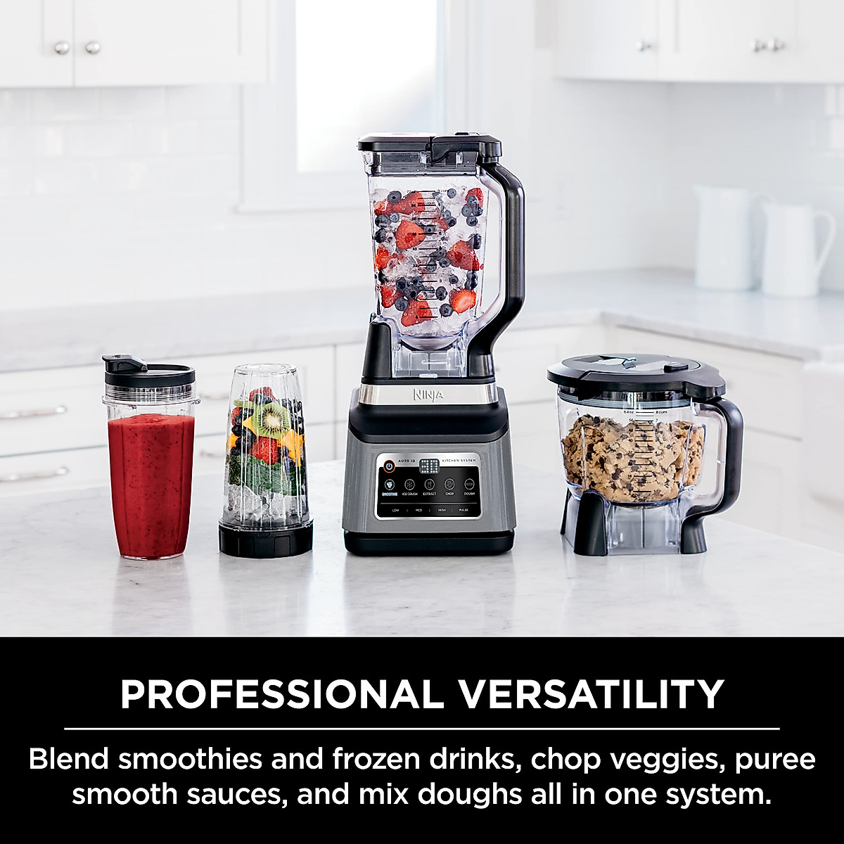 Ninja BN801 Professional Plus Kitchen System, 1400 WP, 5 Functions for Smoothies, Chopping, Dough & More with Auto IQ, 72-oz.* Blender Pitcher, 64-oz. Processor Bowl, (2) 24-oz. To-Go Cups, Grey