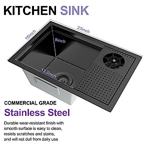 BULUBEE Black Stainless Steel Bar Sink with Glass Rinser, Single Bowl Kitchen Sink, Drop-in or Undermount (23"L x 15"W x 9"D)