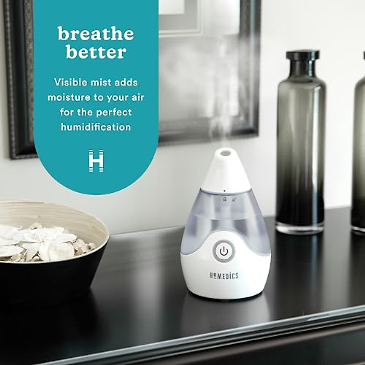 Homedics TotalComfort Ultrasonic Personal Humidifier – Small Portable Air Humidifiers for Bedroom, Plants, Office, Travel – Ultra Quiet 22oz Cool Mist Humidifiers, White
