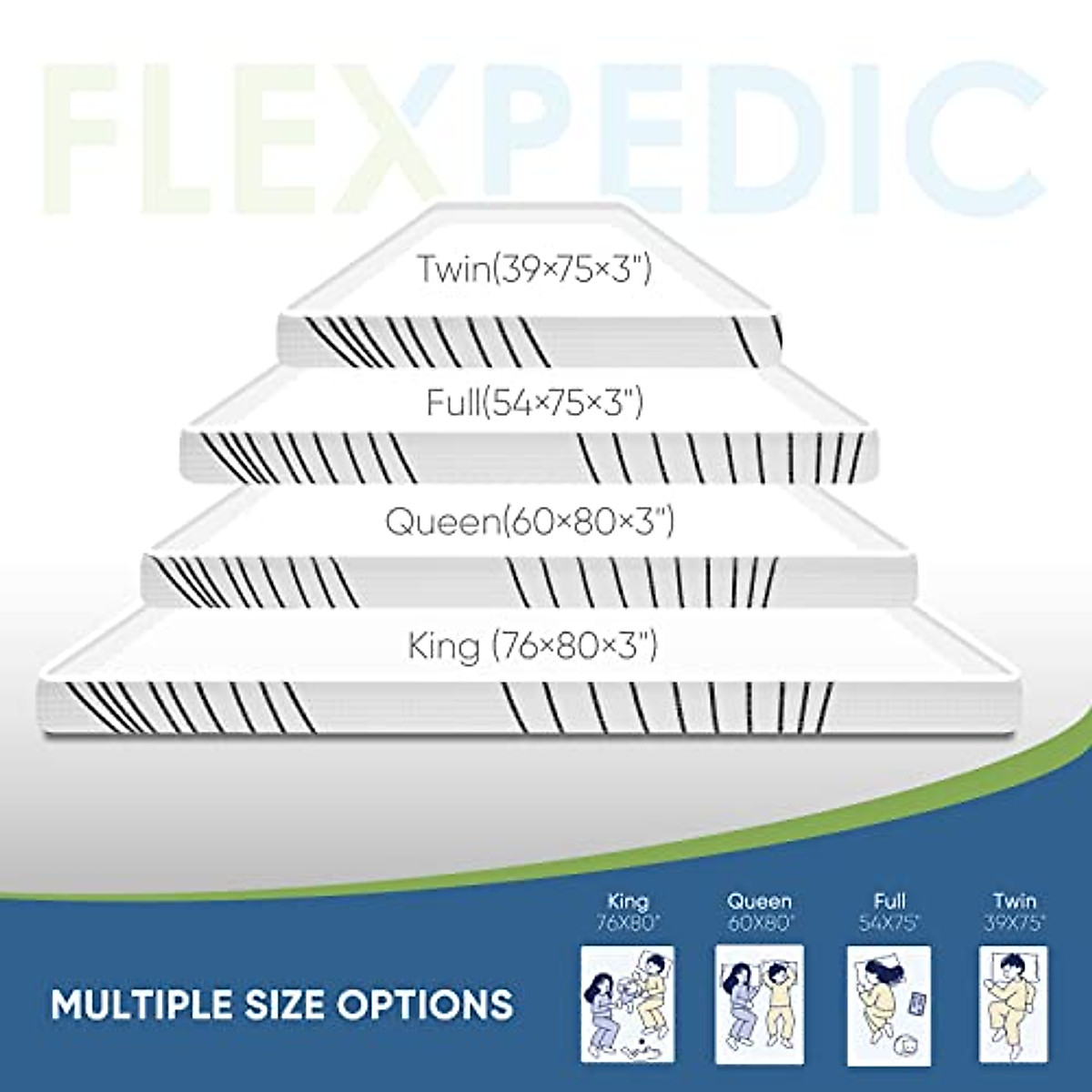 FLEXPEDIC Flippable 3 Inch Queen Size Mattress Topper, Coconut Shell Carbon Memory Foam and Bamboo Charcoal High Density Firm Foam with Removable Soft Fabric Cover, CertiPUR-US Certified