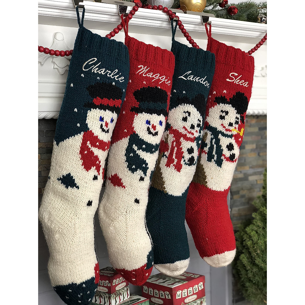 Personalized Hand Knit Mary Red Wool Snowman Chirstmas Stocking with Optional Personalization