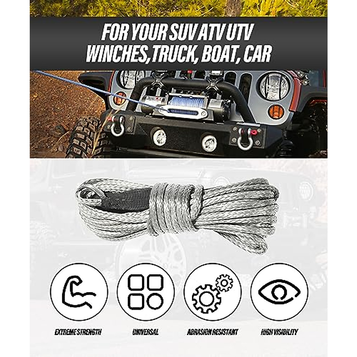 ESEWALAS 1/4''x50ft Synthetic Winch Rope,10,000LBs Synthetic Winch Line Cable Rope,Winch Cable Line with Forged Winch Hook and Black Protecing Sleeve,Car Tow Recovery Cable Winch Accessory (Gray)