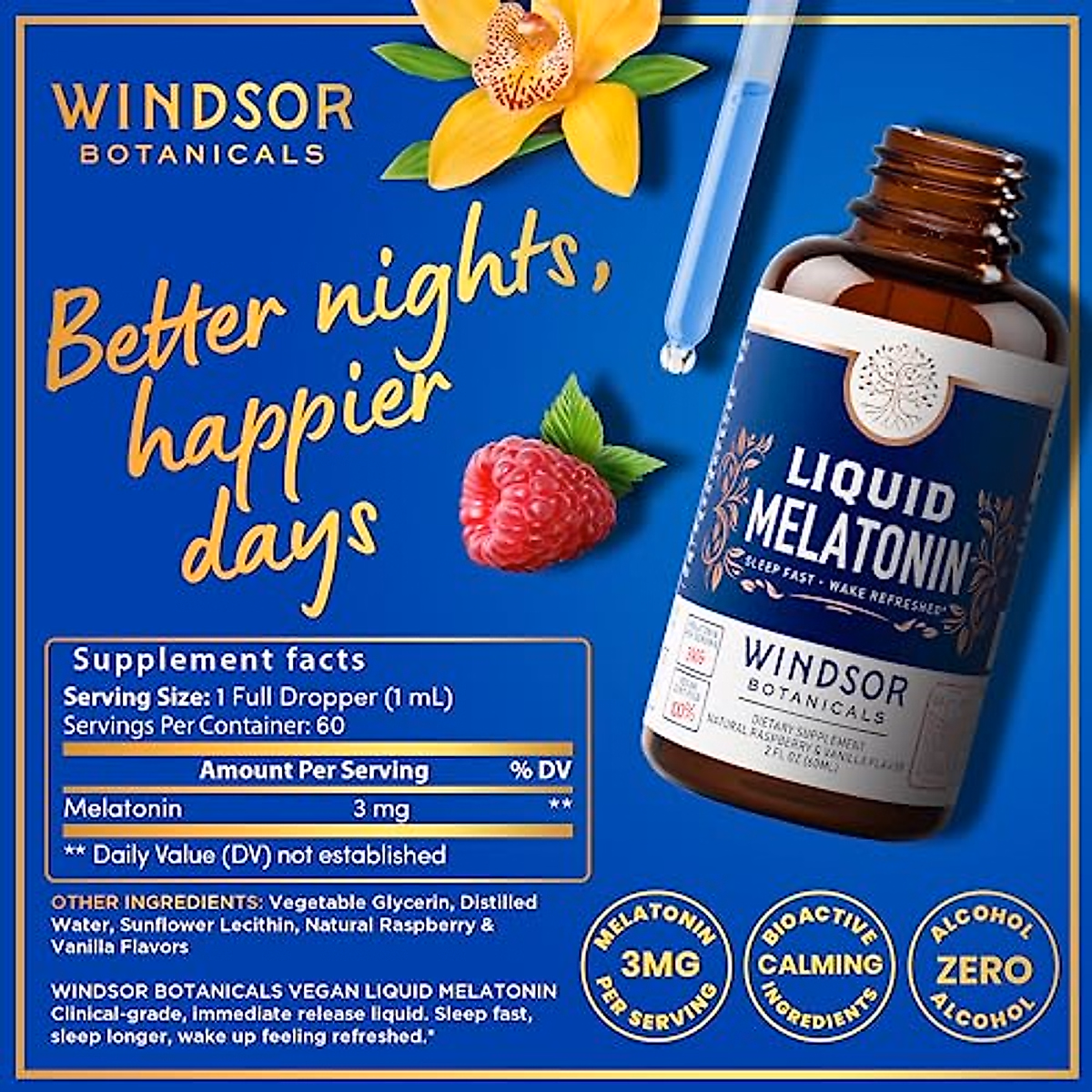 Liquid Melatonin 3mg Drops for Adults and Kids - Max Strength, Sleep Fast, Wake Fresh Sublingual - Vegan Kids Melatonin Liquid for Children Ages 6 and Up - Raspberry Vanilla Flavor Tincture - 2 oz