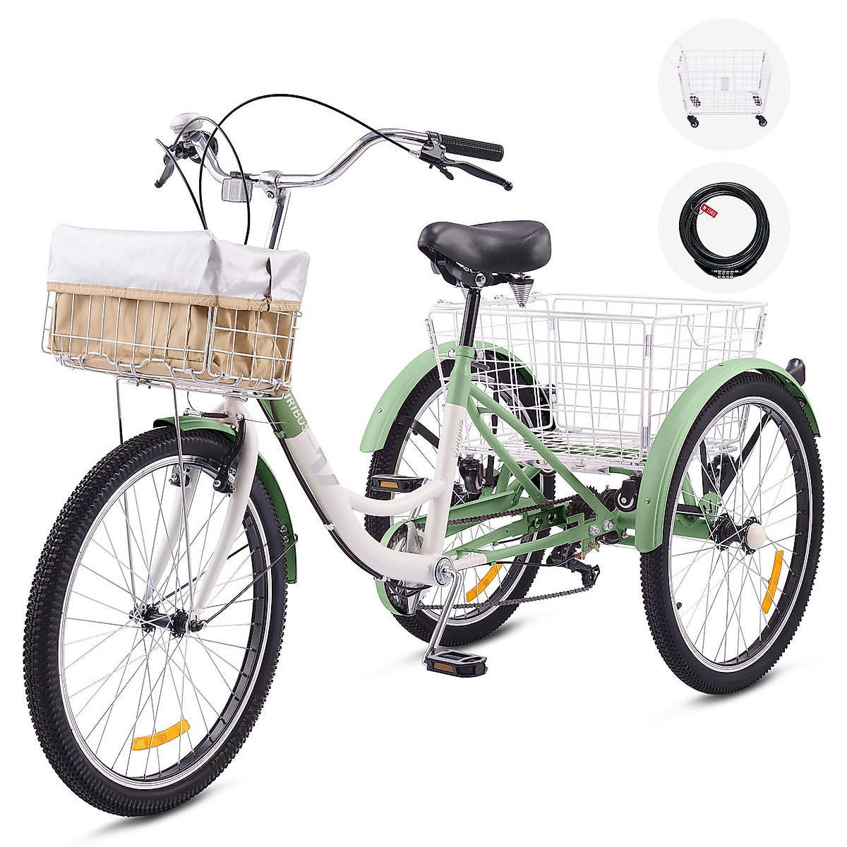 Viribus Adult Tricycle, 7 Speed Tricycle for Adults, 24 inch 3 Wheel Bikes for Adults with Baskets, Adult Trikes for Women Seniors Men, Three Wheel Tricycle for Dogs Beach, Cargo Tricycle, Mint