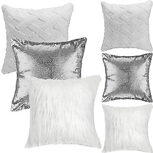 Frienda 6 Pcs Sequin Throw Pillow Covers and Fluffy Pillow Cases Plush Short Wool Velvet Decorative Throw Pillow Covers Faux Fur Throw Pillow Covers for Couch Bed 18 x 18 Inch (Grey, Silver, White)