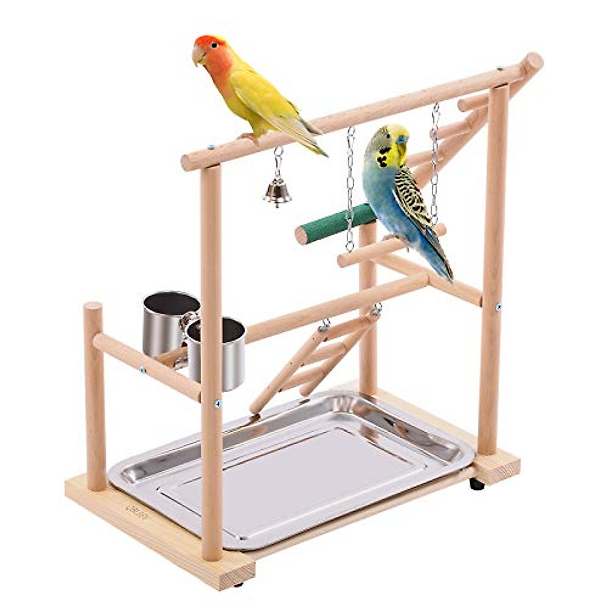 Bird Play Stand Parrots Playground Wooden Stick Perch，Bird Playpen Exercise Gym with Ladder Feeder Cup Bell Swing，Parrot Play Climb Gym for Parakeet Cockatiel Conure(Include a Tray)