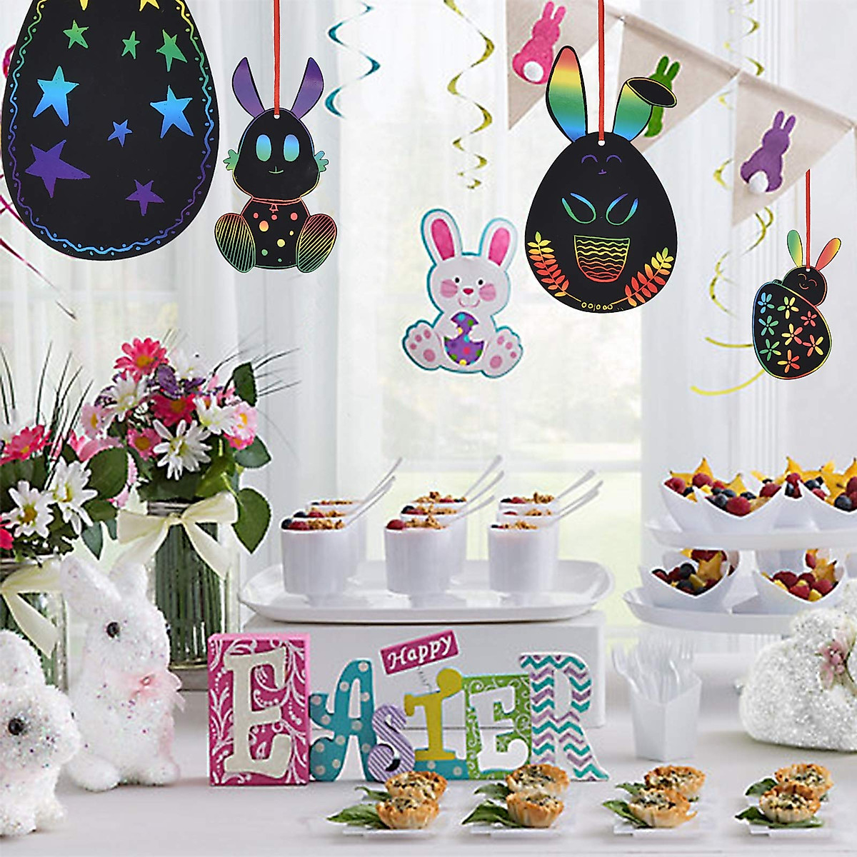 [48+48+12], Linkbro Easter Scratch Crafts Art Kit, Colorful Rainbow Scratch Paper Card, Easter Egg Bunny Chick Shape with Ribbons Wooden Scratch Tools abd Envelopes for Easter Party Egg Hunt Game