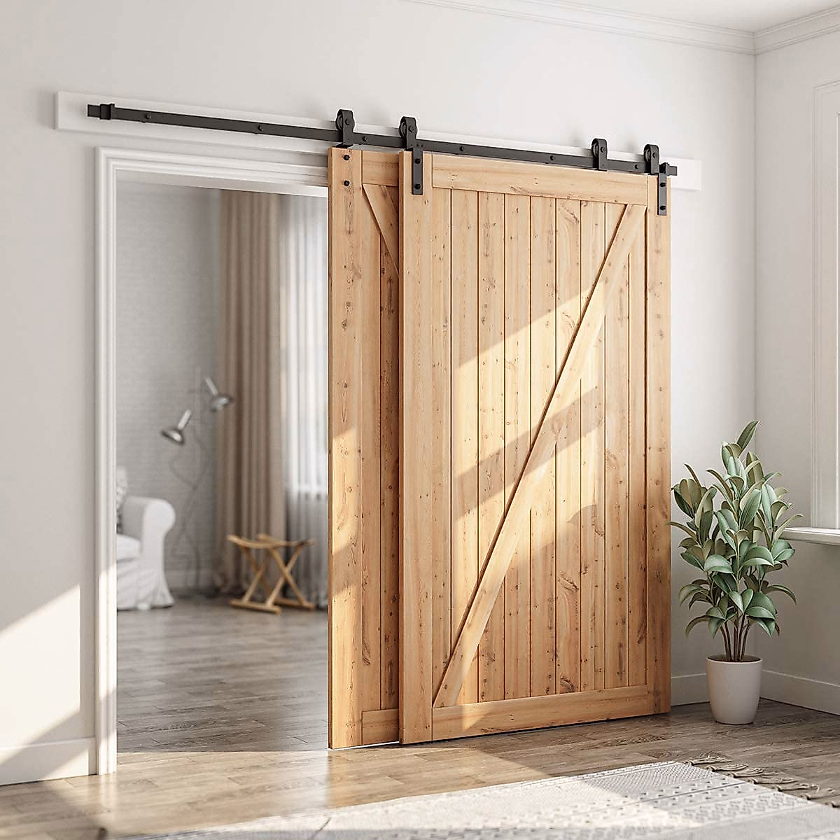 SMARTSTANDARD 8 Feet Bypass Sliding Barn Door Hardware Kit - for Double Wooden Doors-Single Track - Smoothly & Quietly - Easy to Install-Fit 84" Opening
