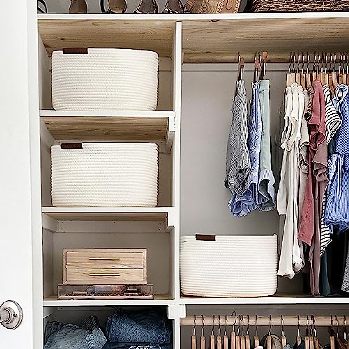 CHICVITA Woven Storage Basket for Shelves, Cotton Rope Dog Toy Bin, Empty Gift Basket with Handles, Small Laundry Baskets for Cloth Towel Shoes, White Oval Basket 3 Packs