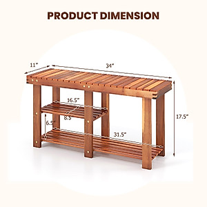Tangkula 3-Tier Shoes Rack Bench, Entryway Storage Bench Shoes Organizer with Seat, Shoe Shelf for Boots, Acacia Wood Bench for Hallway, Bathroom, Living Room, Corridor Garden
