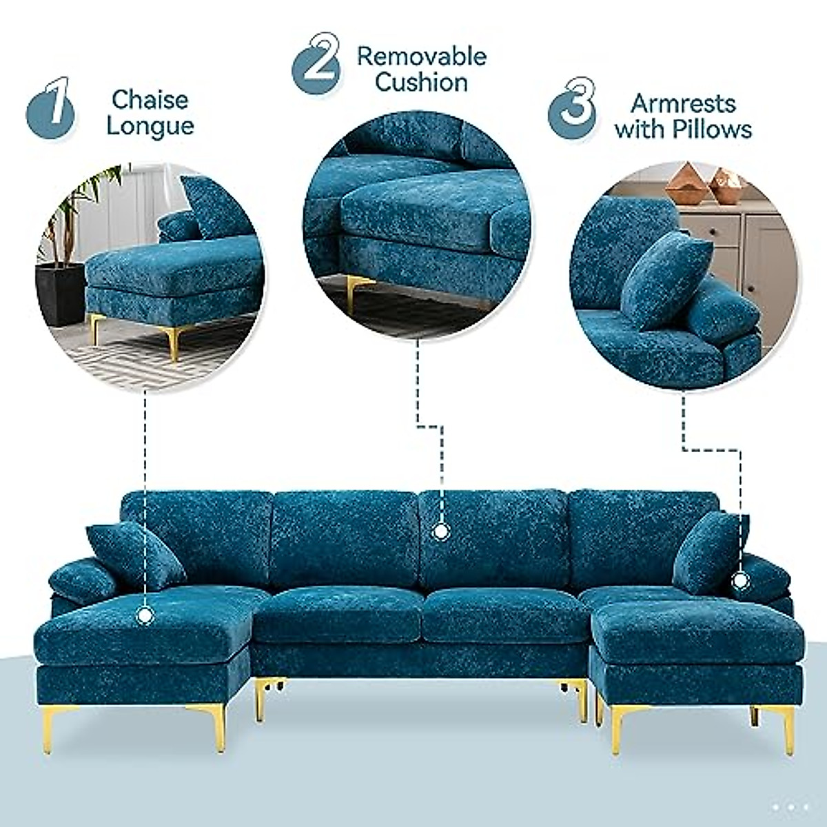 Olela Sectional Couch Velvet Upholstered U Shaped Modular Sectional Sofa with Golden Metal Legs for Living Room (Teal Blue)