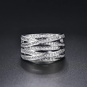 SWBRJ Multi Cross Lines Cubic Zirconias CZ Ring,S925 Sterling Silver Entwined Lines Full Finger Chunky Thumb Index Finger Ring Jewelry Gift for Her, silver, No Gemstone