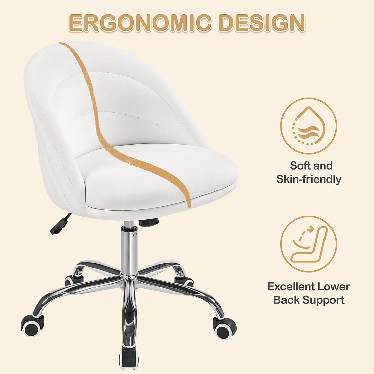 Yaheetech Velvet Cute Desk Chair Armless Office Chair Swivel Vanity Chair with Wheels Adjustable Comfy Desk Chair Soft Rocking Chair for Home Office, Living Room White