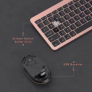 seenda Rechargeable Wireless Keyboard Mouse Combo Full Size Cordless Keyboard & Mouse Sets with Build-in Lithium Battery Ultra Thin Quiet Keyboard Mice (Rose Gold & Black)
