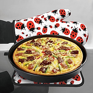 Oven Mitt and Pot Holders, 2 Piece Set, Cartoon Red Ladybug Cotton Lining Non-Slip BBQ Gloves