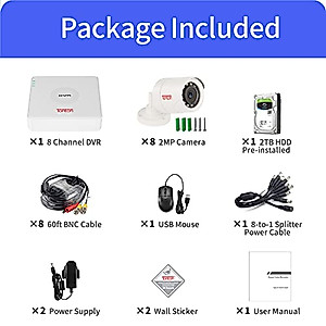 Tonton 5MP Lite 10 Channel Security Camera System,10CH H.265+ Hybrid DVR with 2TB HDD and 8PCS 2.0MP Weatherproof CCTV Bullet Cameras,Easy Remote Viewing,Motion Detection