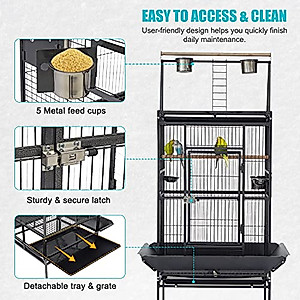 Kinpaw 68" Bird Cage Large - Wrought Iron Open Play Top Perch with Rolling Stand Castor Wheels Feeding Bowl for Parrot Cockatiel Finch Pet Supplies Black…