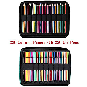 BOMKEE Pencil Case for Adults 220 Slots Pencase Colored Pencils Gel Pen Organizer Bag with Zipper for Student Artist Handy Glitter Gel Pens, Refills, Waterproof Coloring Holder Pencils Case(Black)