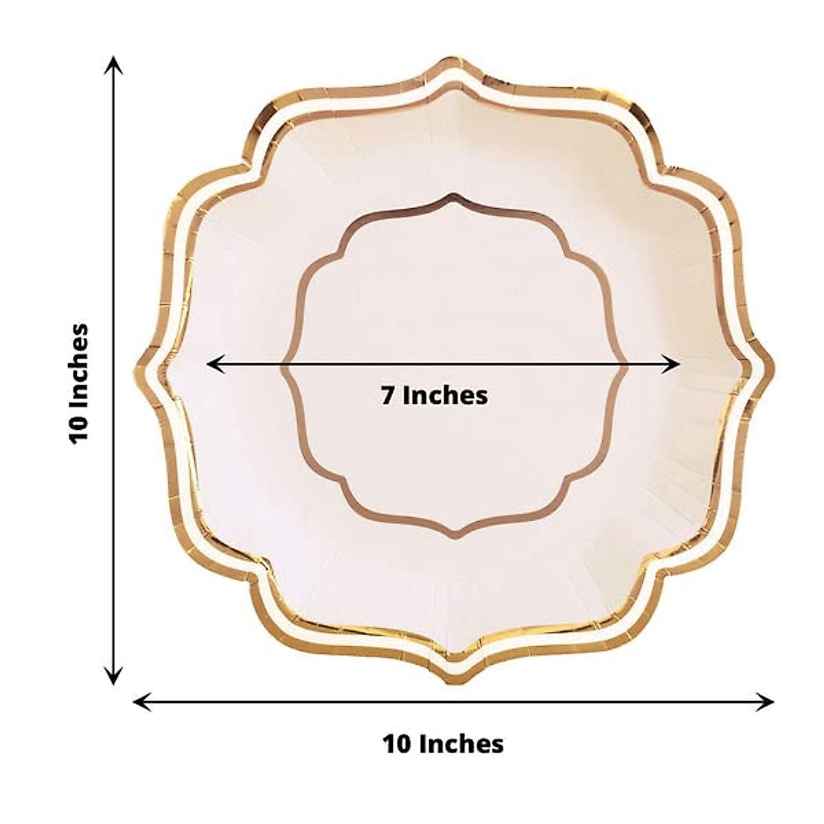 Tableclothsfactory 25 Pack | White/Gold 10" Scallop Rim Dinner Party Paper Plates, Disposable Plates - 300 GSM