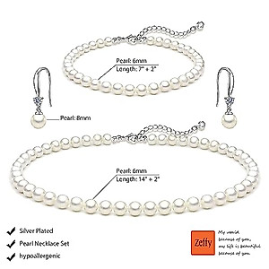 Zeffy Pearl Necklace and Earring Set for Women, White Round Faux Pearl Necklace Bracelet Earring Set of 3, Jewelry for Brides Girls