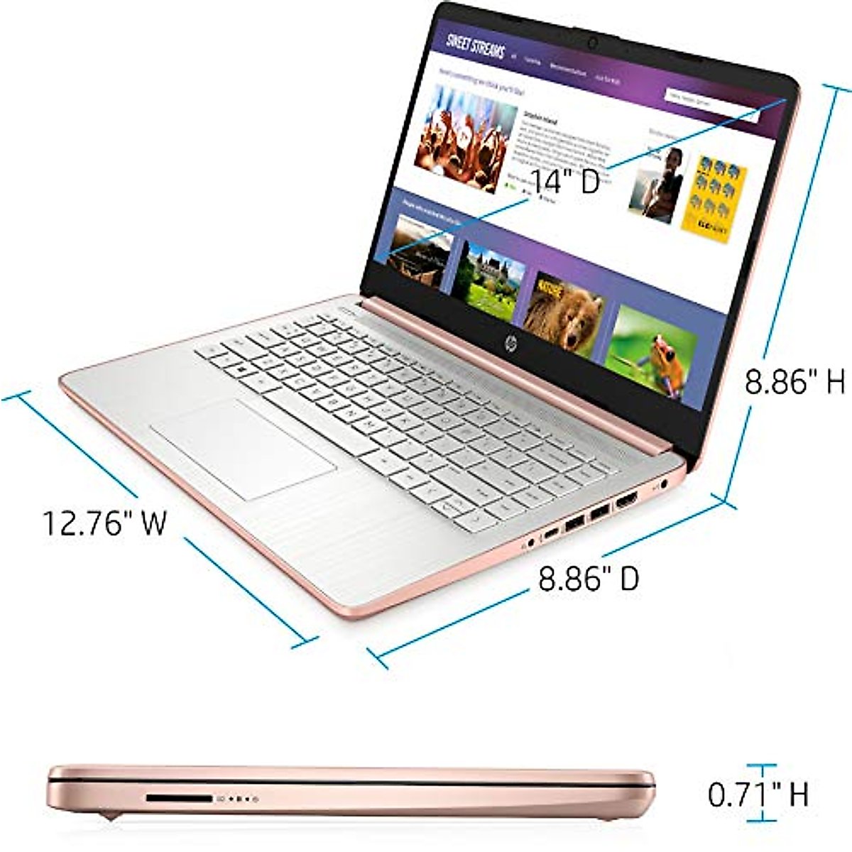 HP Stream 14in HD Display, Intel Celeron N4120 Dual-Core Processor 16GB DDR4 RAM 128GB Storage (64GB eMMC+64GB Card) HDMI WiFi Webcam Bluetooth 1-Year Microsoft 365 Win11 Rose Gold, W/GaLiMu