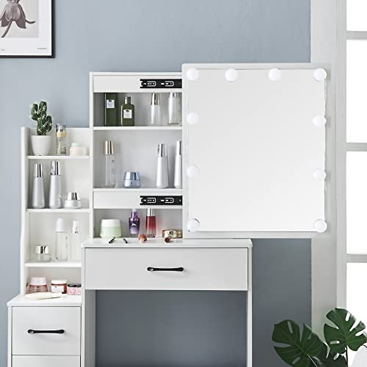 Vanity Set Dressing Table with Lighted Mirror, Modern Storage Makeup Table with 5 Drawers and Stool,White (H1903)