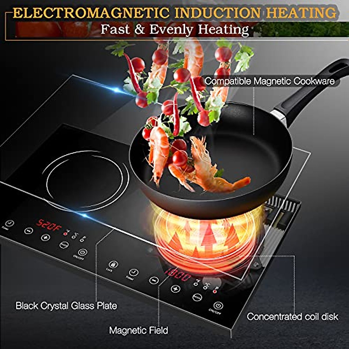 Double Induction Cooktop, 4000W Electric Cooktop with 2 Burner, Portable Countertop Burner with LED Sensor Touch Screen, 17 Power Levels 21 Temperature Setting Child Safety Lock, 3 Hours Timer