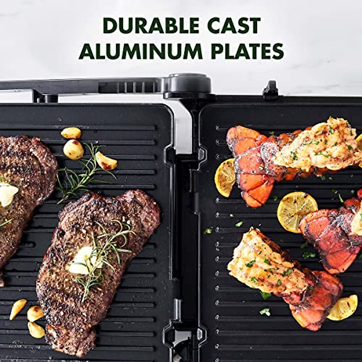 GreenPan Elite 7-in-1 Multi-Function Contact Grill & Griddle, Healthy Ceramic Nonstick Aluminum, Two Sets of Grill & Waffle Plates, Adjustable Shade & Shear, Closed Press/Open Flat Surface, Black